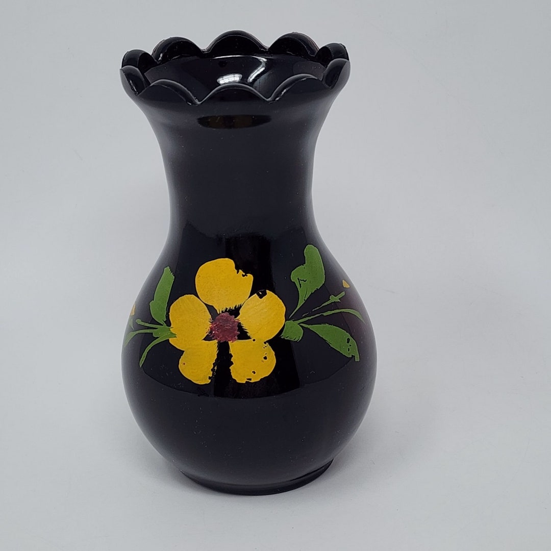 Amethyst Glass Vase Depression Glass Scalloped Rim Painted Flower VTG ...