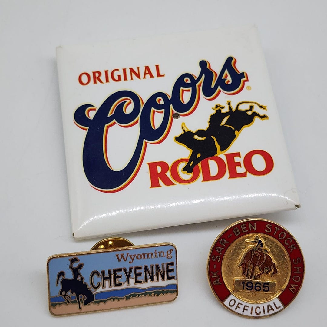 Vintage Coors Rodeo Cheyenne Wyoming & Ak-sar-ben Stock Show Pins 1965 ...