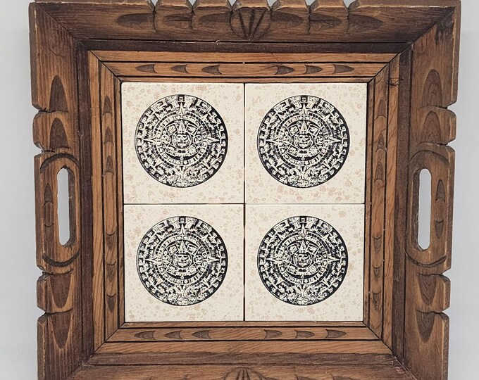 Vintage Mexican Wooden Tray With Aztec Calendar Tile Inlay 14" Square ...