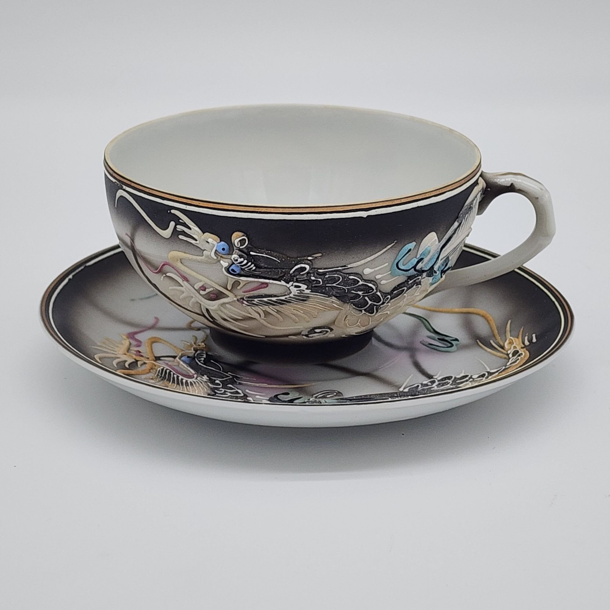 Dragonware Moriage Geisha Cup and Saucer Black Trim UV Glow Vintage - Etsy