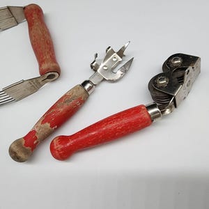 Vintage Androck Kitchen Utensils Set With Red Wooden Handles Opener ...