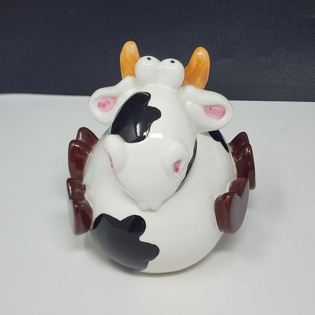 Whimsical Ceramic Bull Bank Fallen Black White Feet at Sides VTG Piggy ...