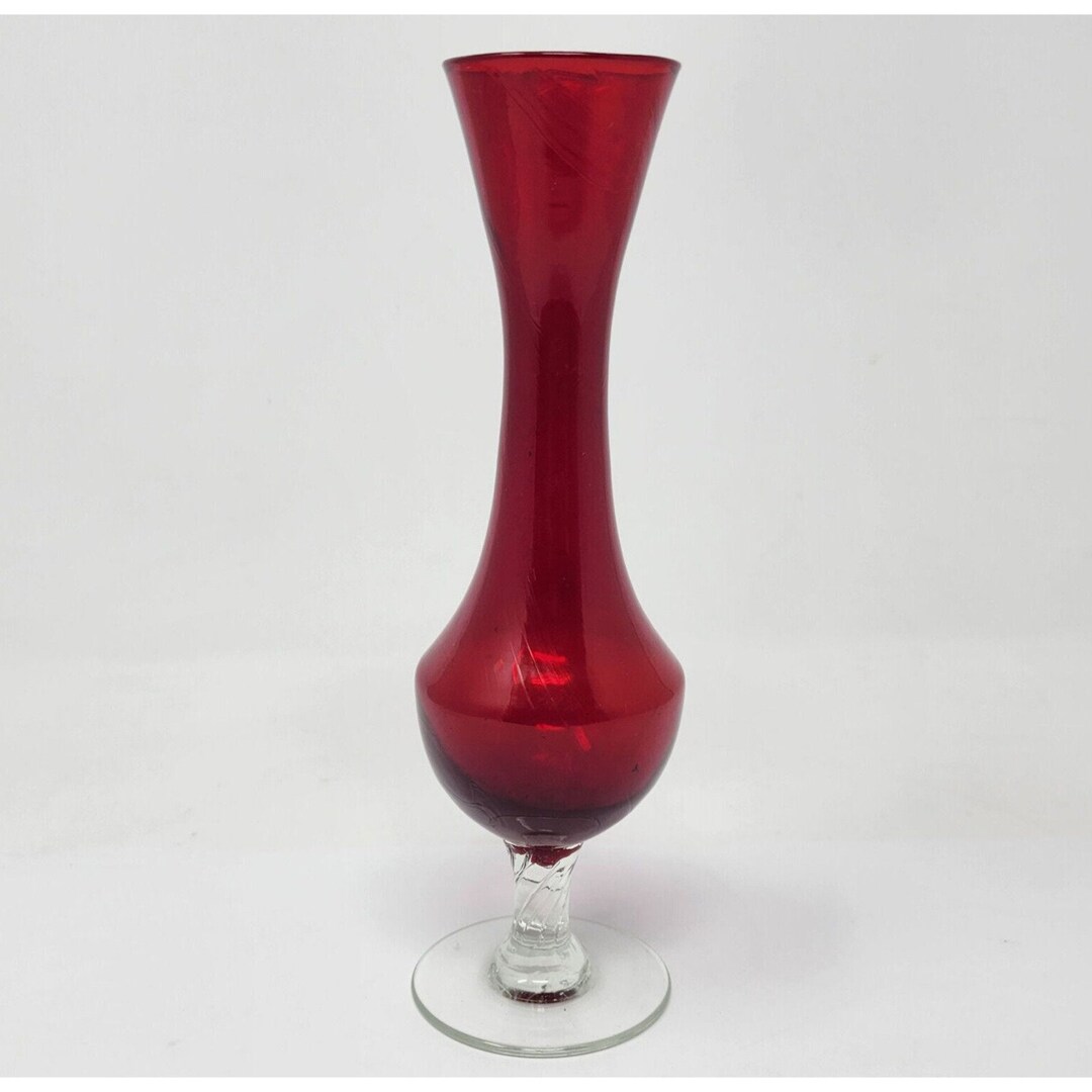 Vintage Red Bud Vase With Clear Stem Twisted Pulled Glass 8 - Etsy