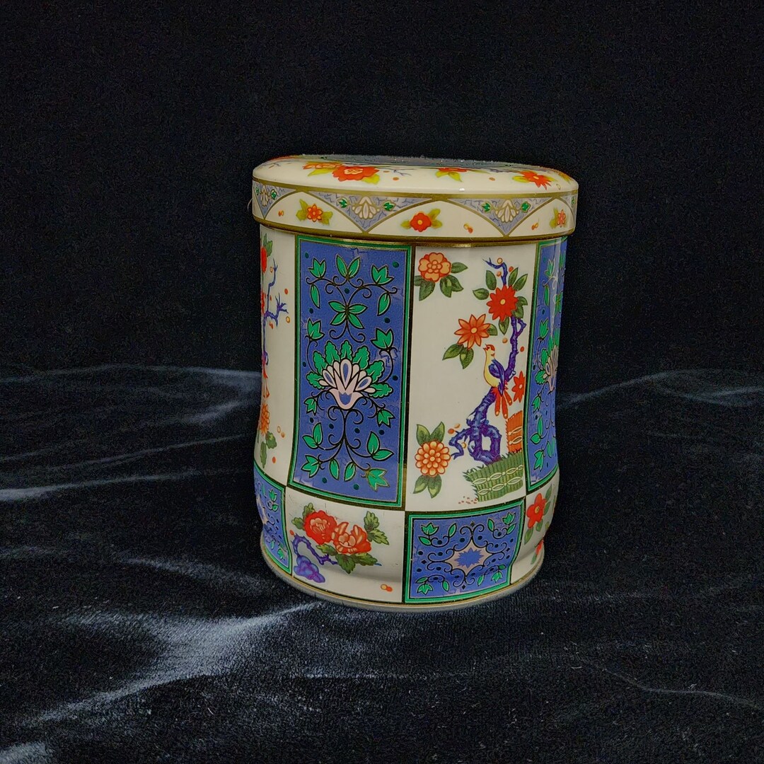 Daher Floral Tin Container Round Yellow Bird Blue and White VTG 5 Tall ...