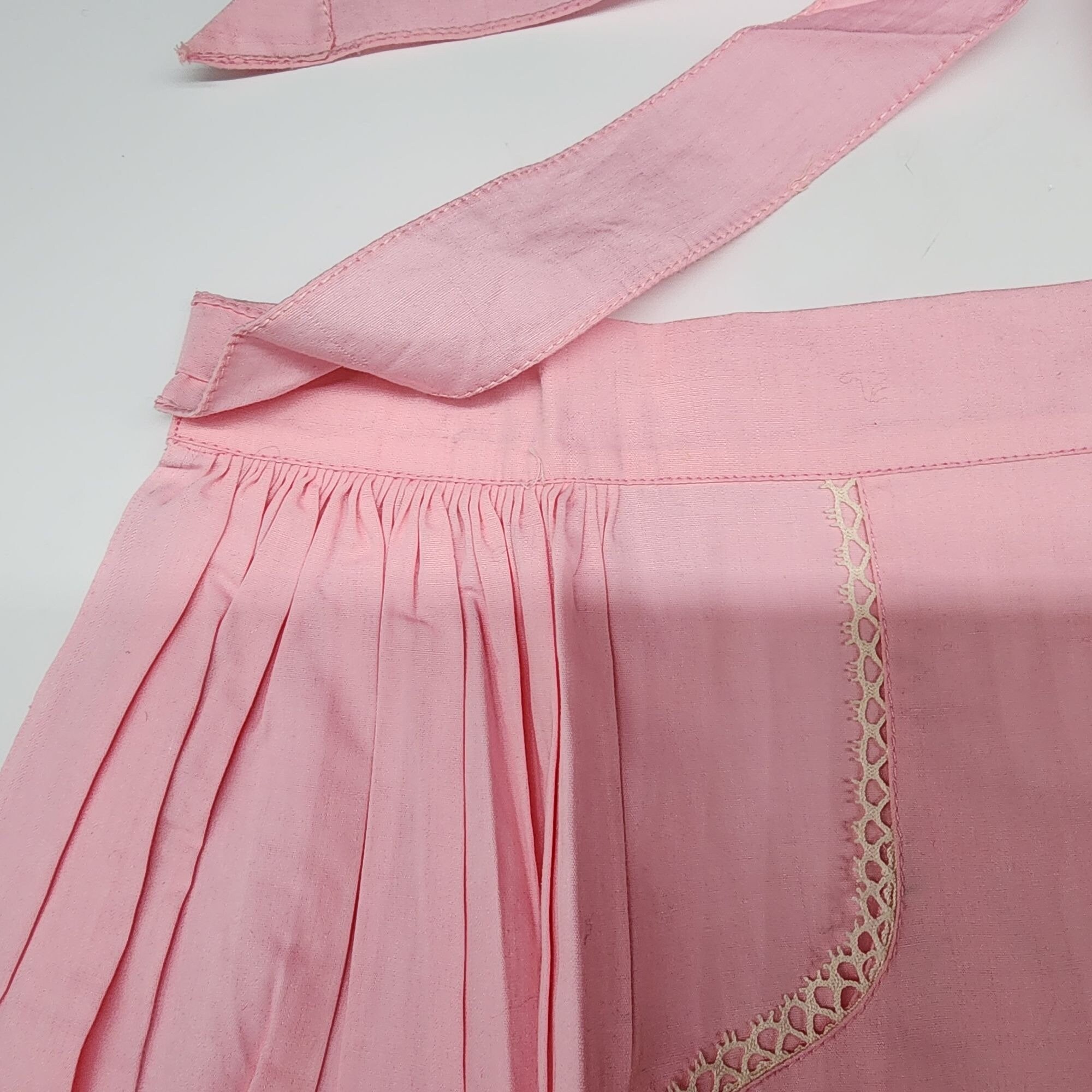 Pink Cotton Apron Machine Embroidered Blue Flower White Lace Front ...