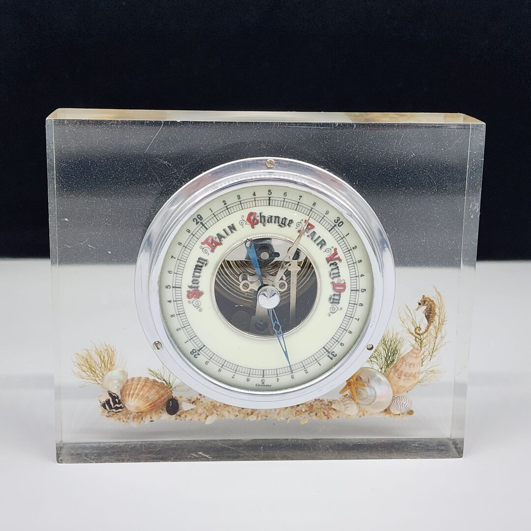 German Lucite Desk Barometer Ocean Theme Shells Seahorse Clearfloat VTG ...