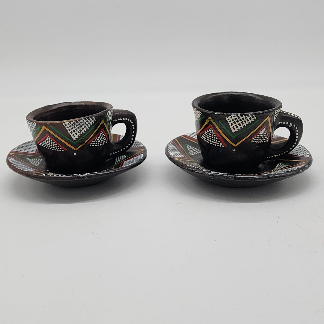 Hand Painted African Ethiopian Cup and Saucer Pair Brown Clay Geometric ...