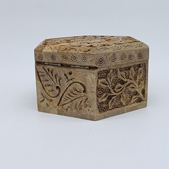 Hexagonal Carved Soapstone Trinket Box Flower 5" tall… - Gem