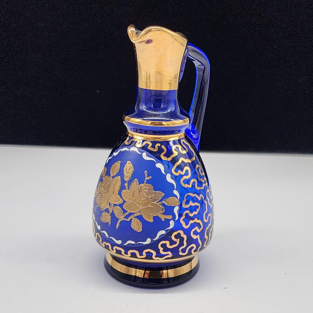 Vintage Cobalt Blue Glass Cruet With 24K Gold Floral Design & Handle 5. ...
