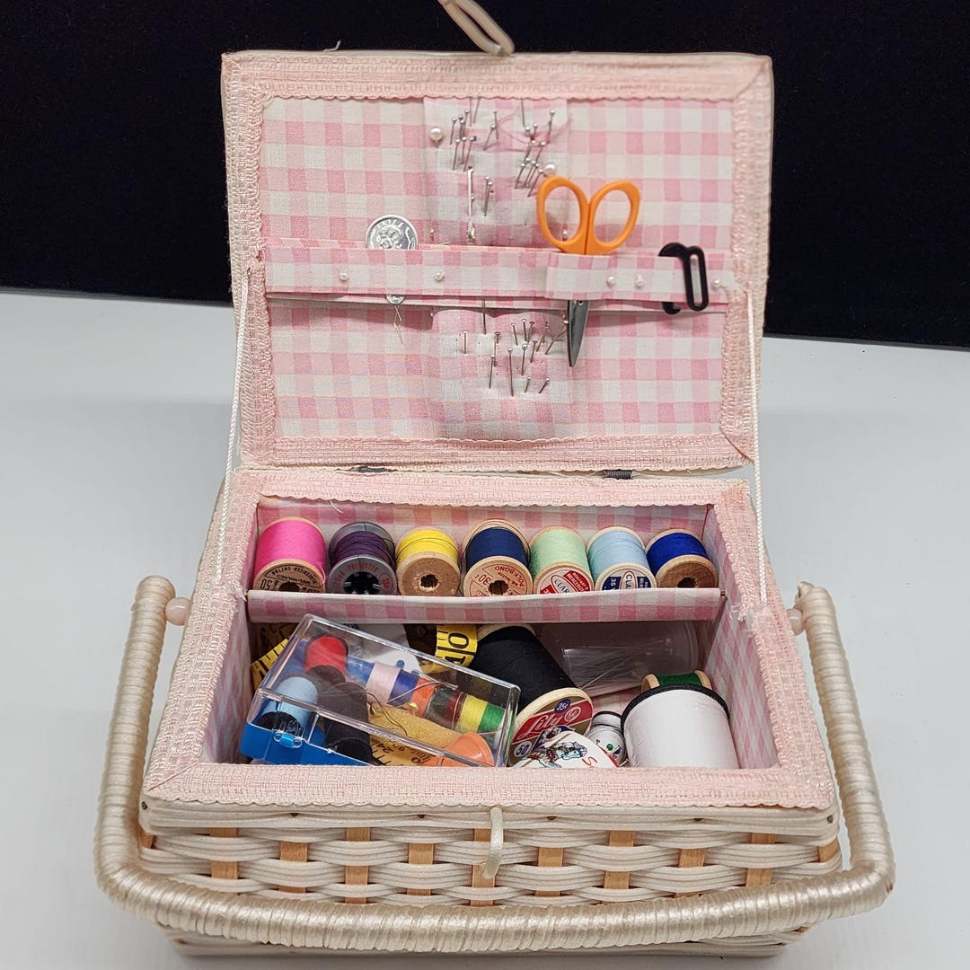 1960s Woven Plastic Sewing Basket Kit With Sewing Supplies & Notions - Etsy