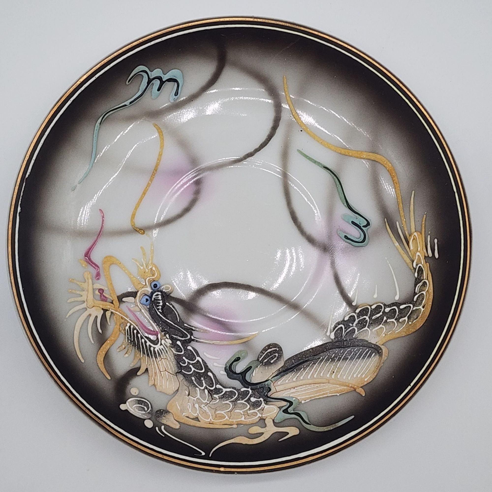 Dragonware Moriage Geisha Cup and Saucer Black Trim UV Glow Vintage - Etsy