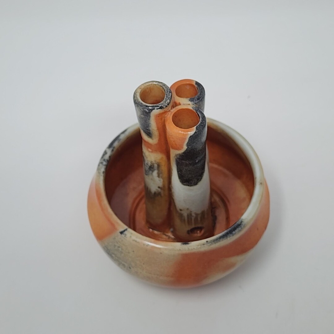 Studio Art Pottery Triple Bud Vase on Round Base Orange Gray 4 VTG - Etsy