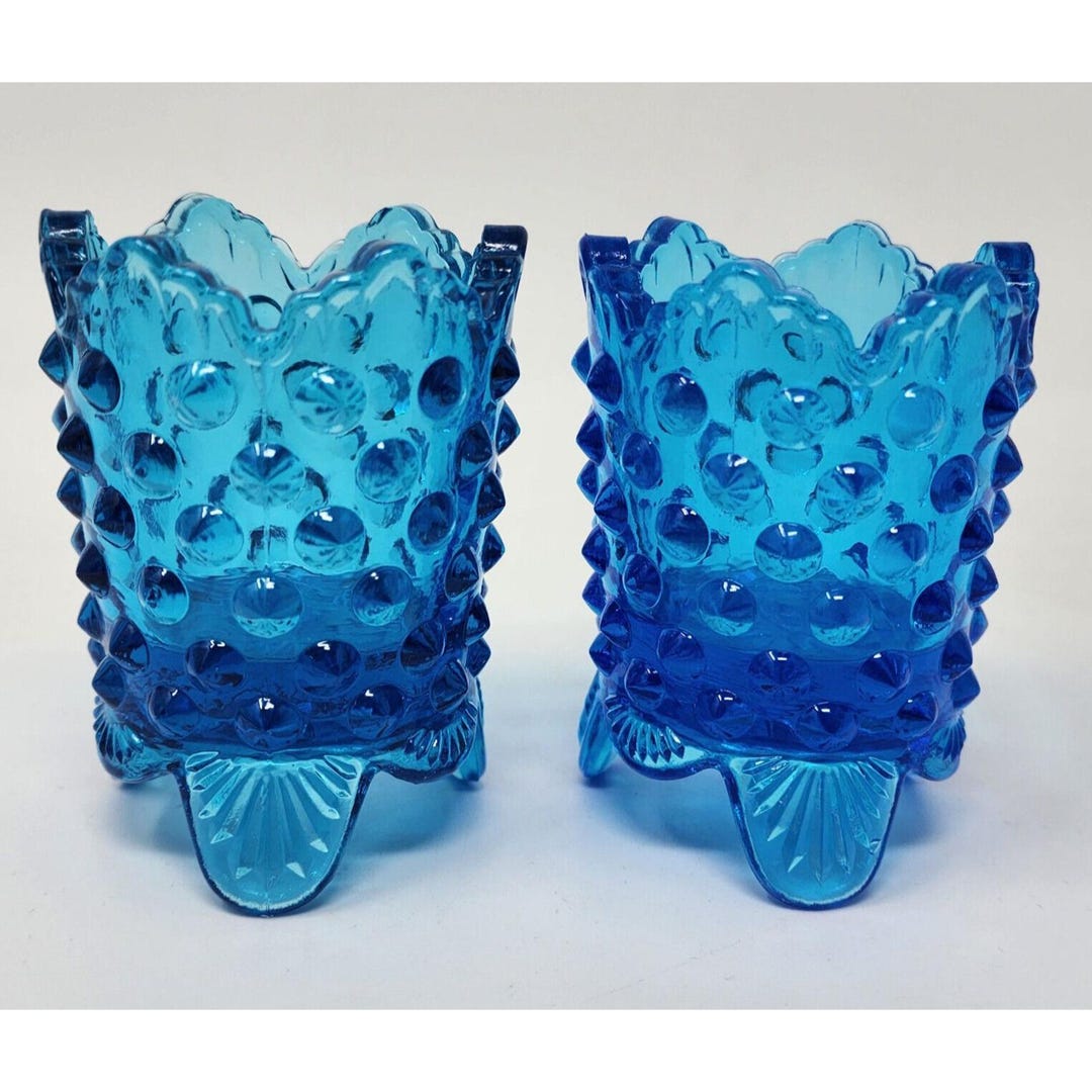 Cobalt Blue Hobnail Toothpick Holder 3 Footed Sawtooth Scalloped Set ...