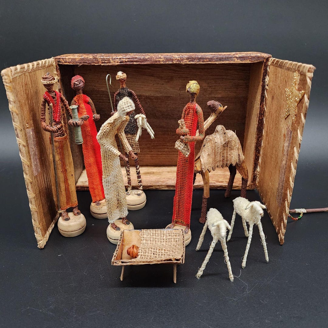 Handcrafted African Nativity Scene Set With Woven Figures & Animals in ...