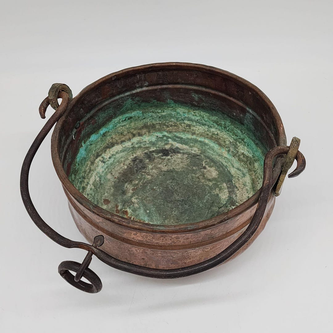 Antique Hammered Copper & Brass Kettle Cauldron Pot With Iron Handle 5 ...