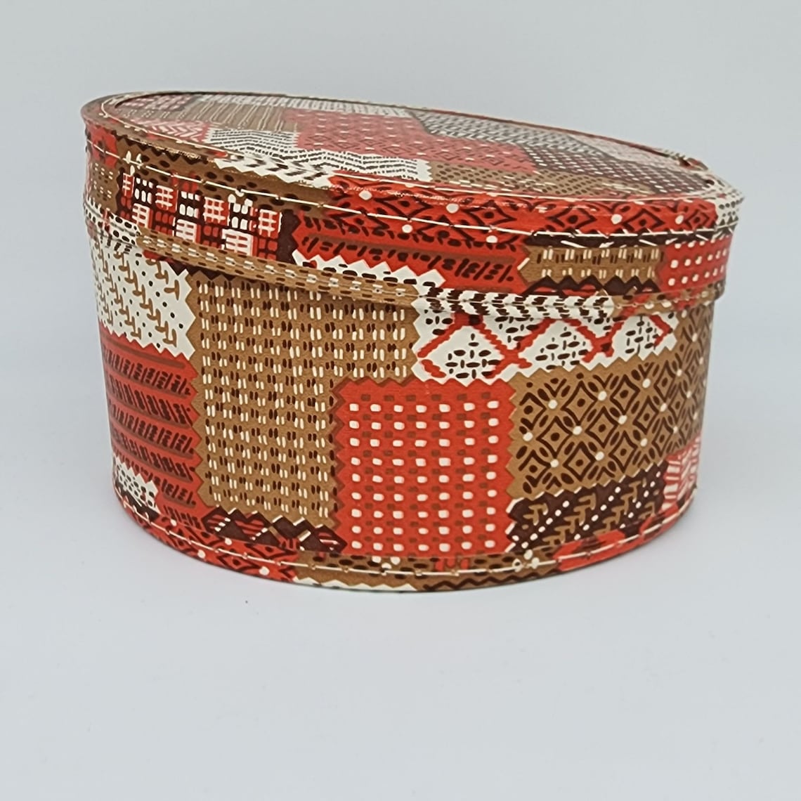 1970s Boho Patchwork Round Vinyl Hat Box Red Brown White VTG by Miner ...
