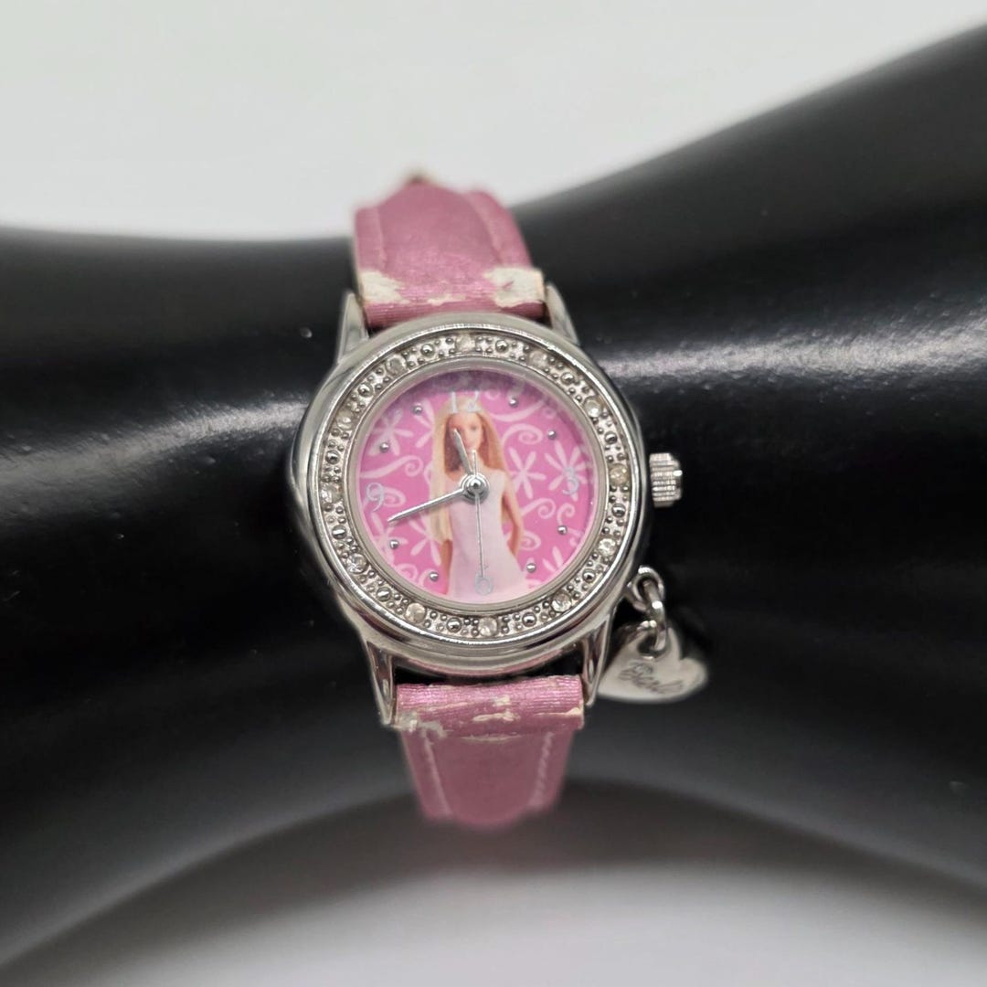 Barbie Pink Girls Watch With Heart Charm & Glitter Bezel Quartz Analog ...