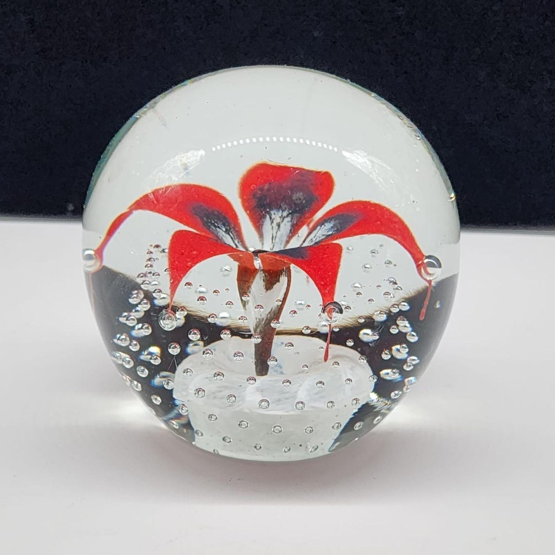 Wheaton Village Flower Glass Paperweight Red White Blue Bubbles VTG - Etsy