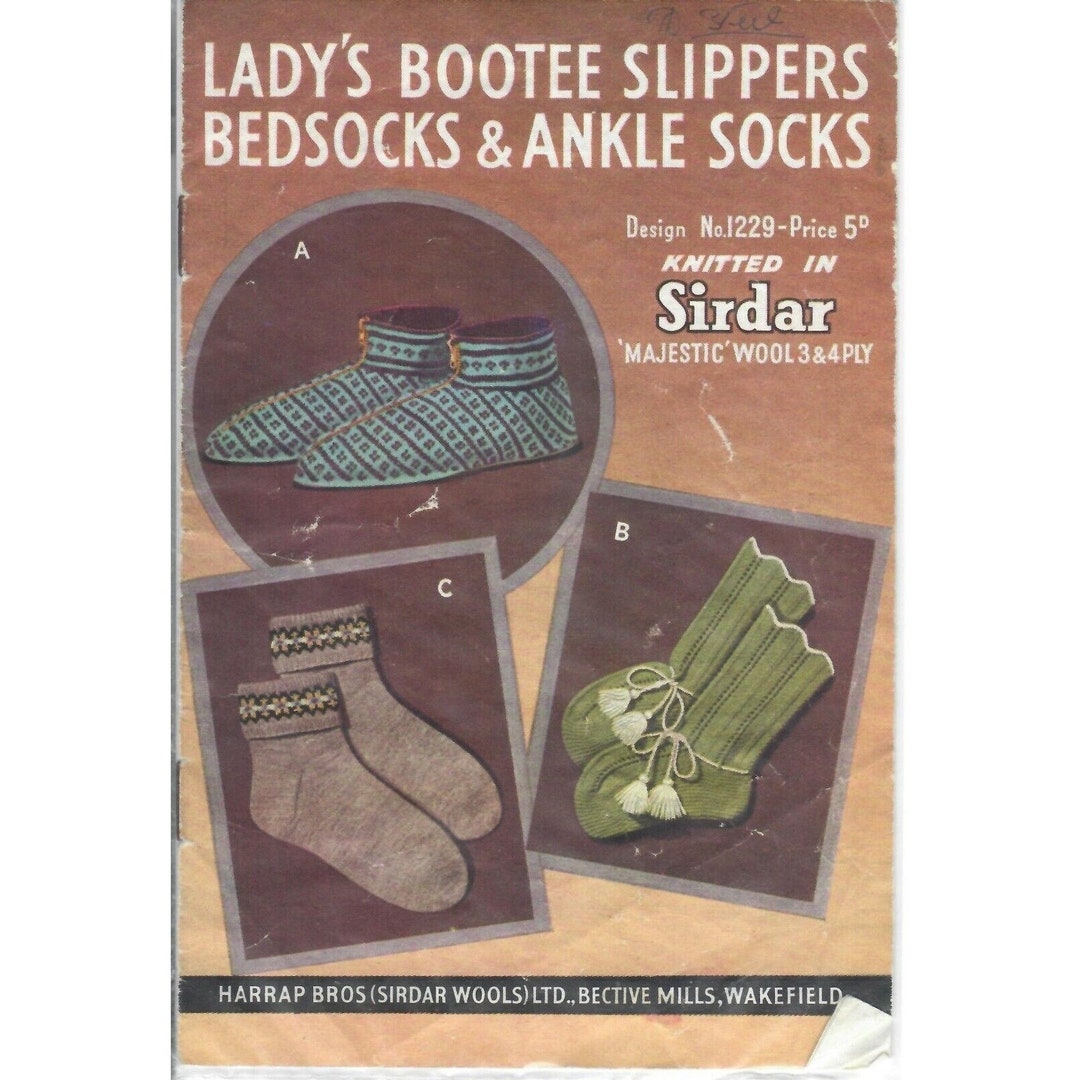 Knitting Pattern Lady's Bootee Slippers Bed and Ankle Socks Vintage ...