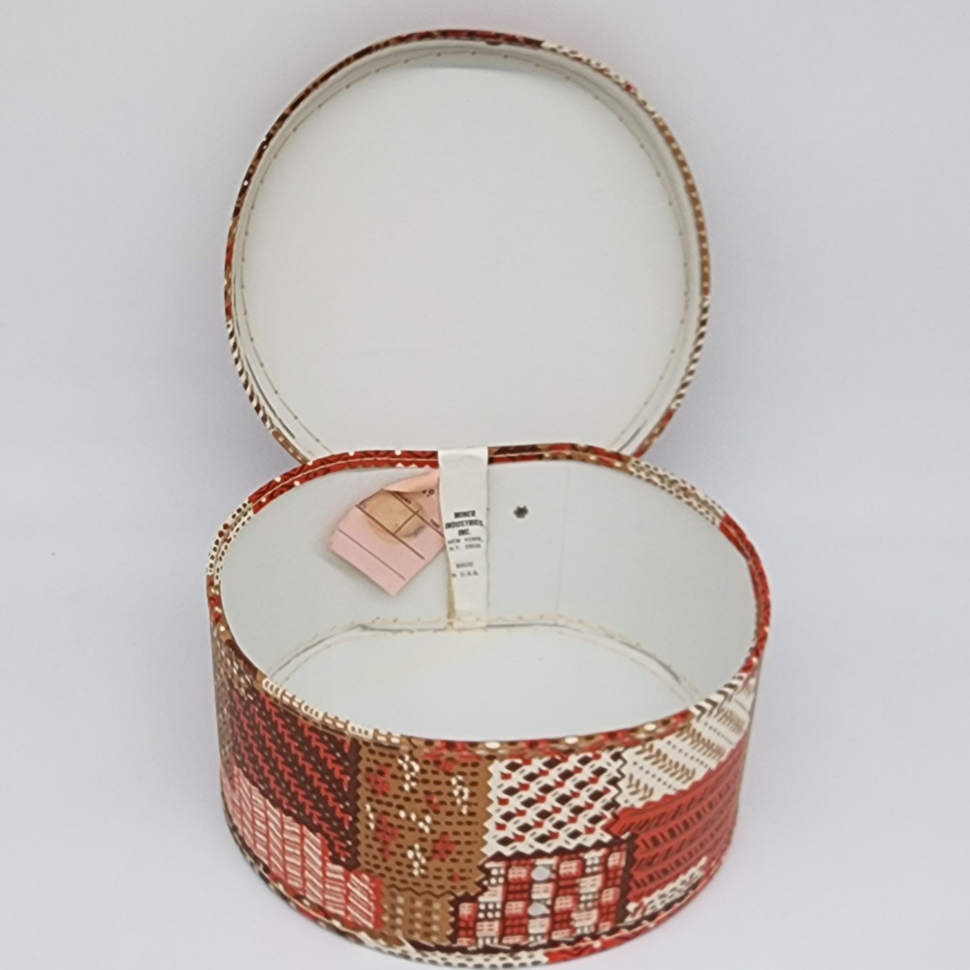 1970s Boho Patchwork Round Vinyl Hat Box Red Brown White VTG by Miner ...