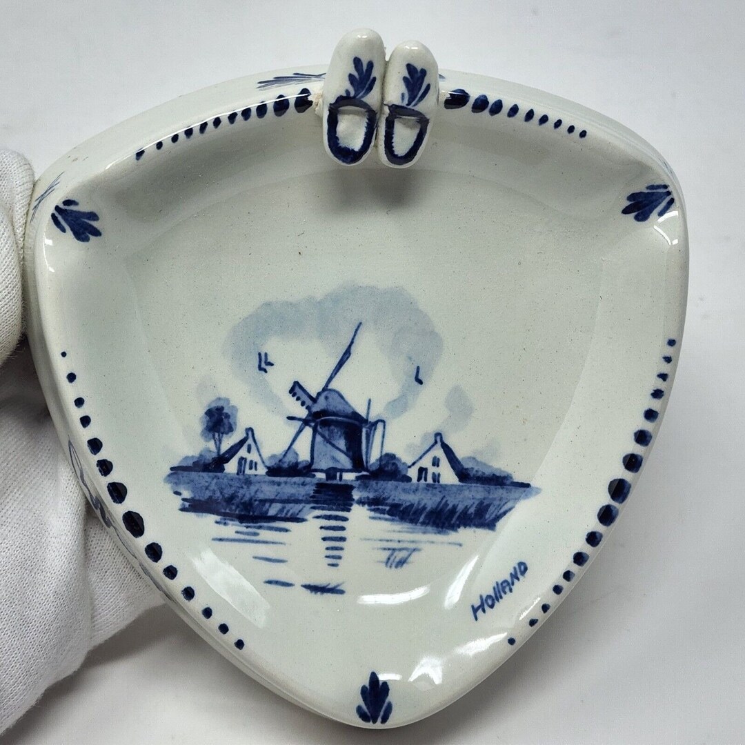 Delft Ashtray Hand Painted Triangle Shape With Clogs Windmill Signed ...