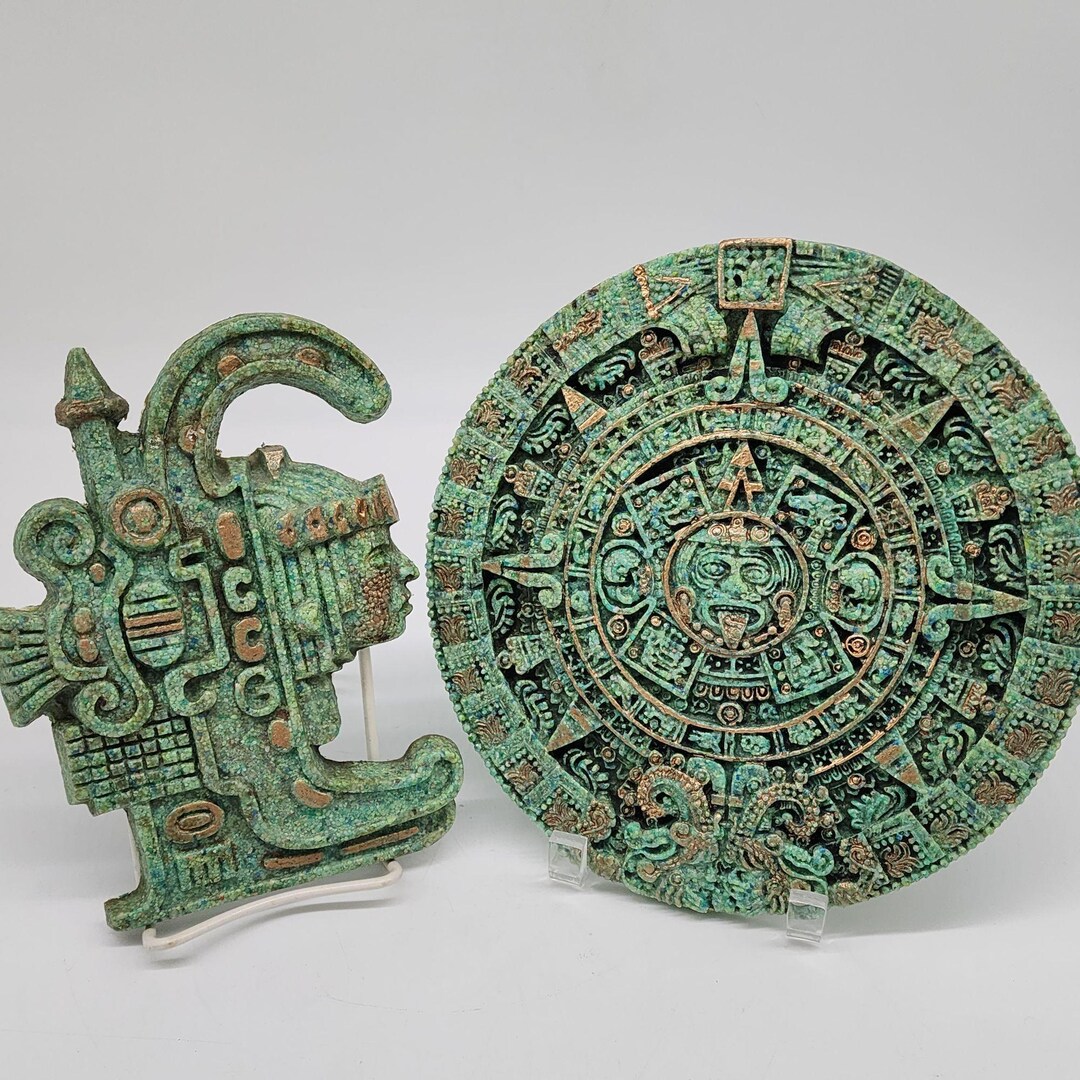 1960s Aztec Calendar & Mayan Queen of Uxmal Malachite Composite Wall ...