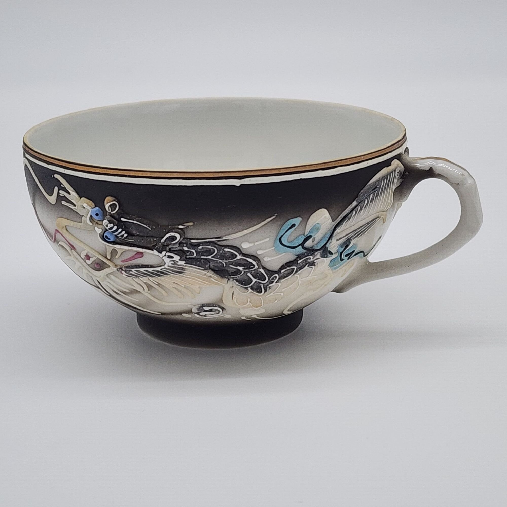 Dragonware Moriage Geisha Cup and Saucer Black Trim UV Glow Vintage - Etsy