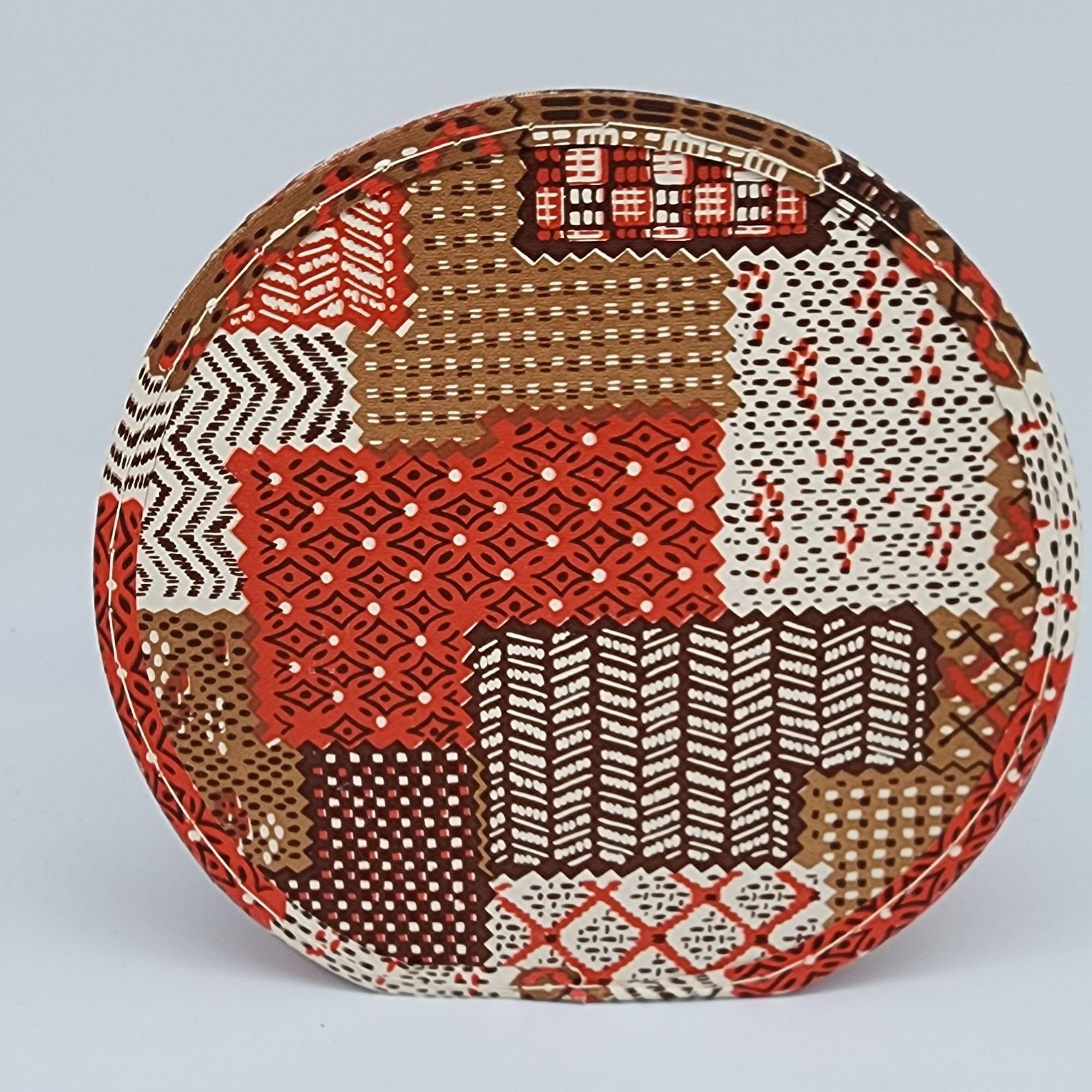 1970s Boho Patchwork Round Vinyl Hat Box Red Brown White VTG by Miner ...