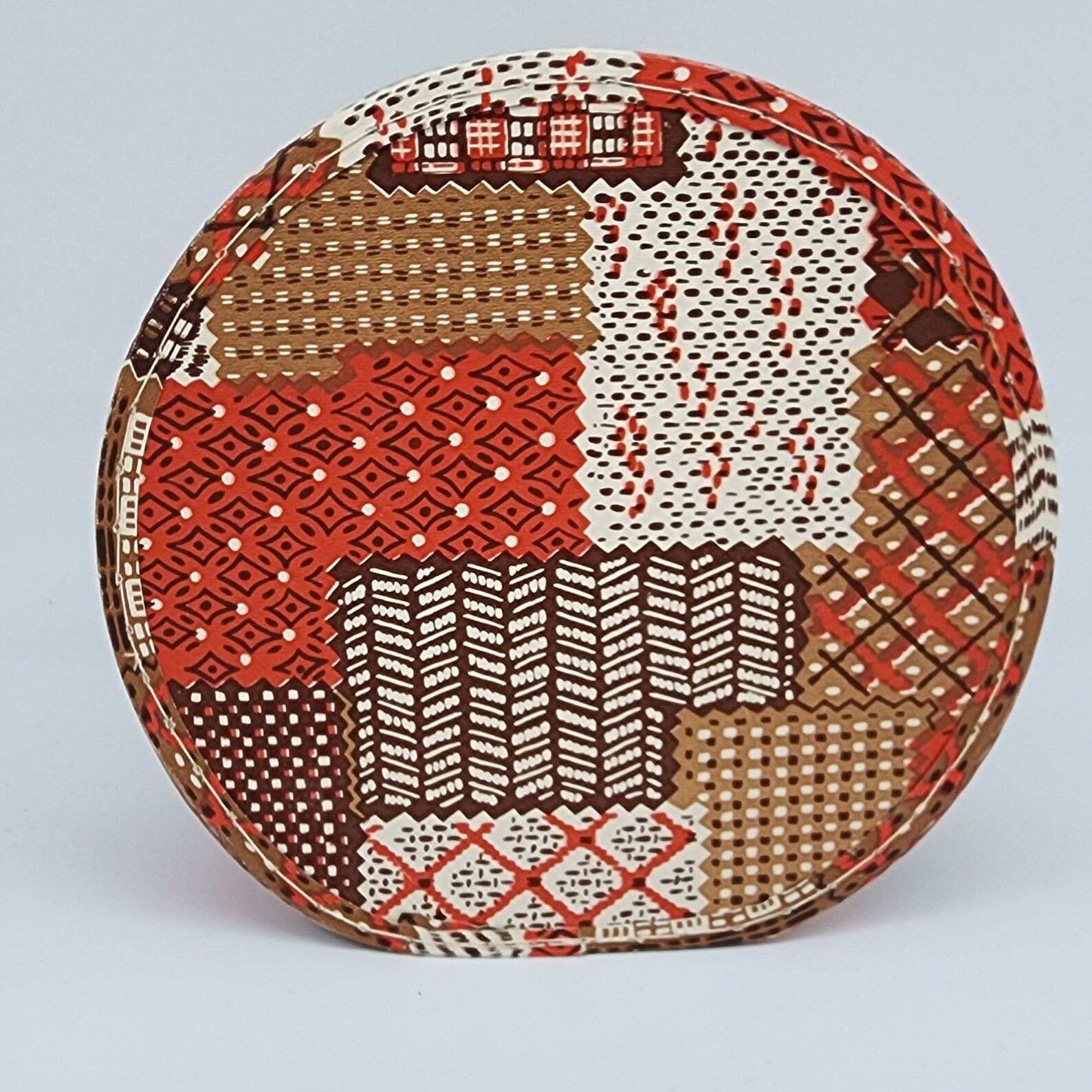 1970s Boho Patchwork Round Vinyl Hat Box Red Brown White VTG by Miner ...