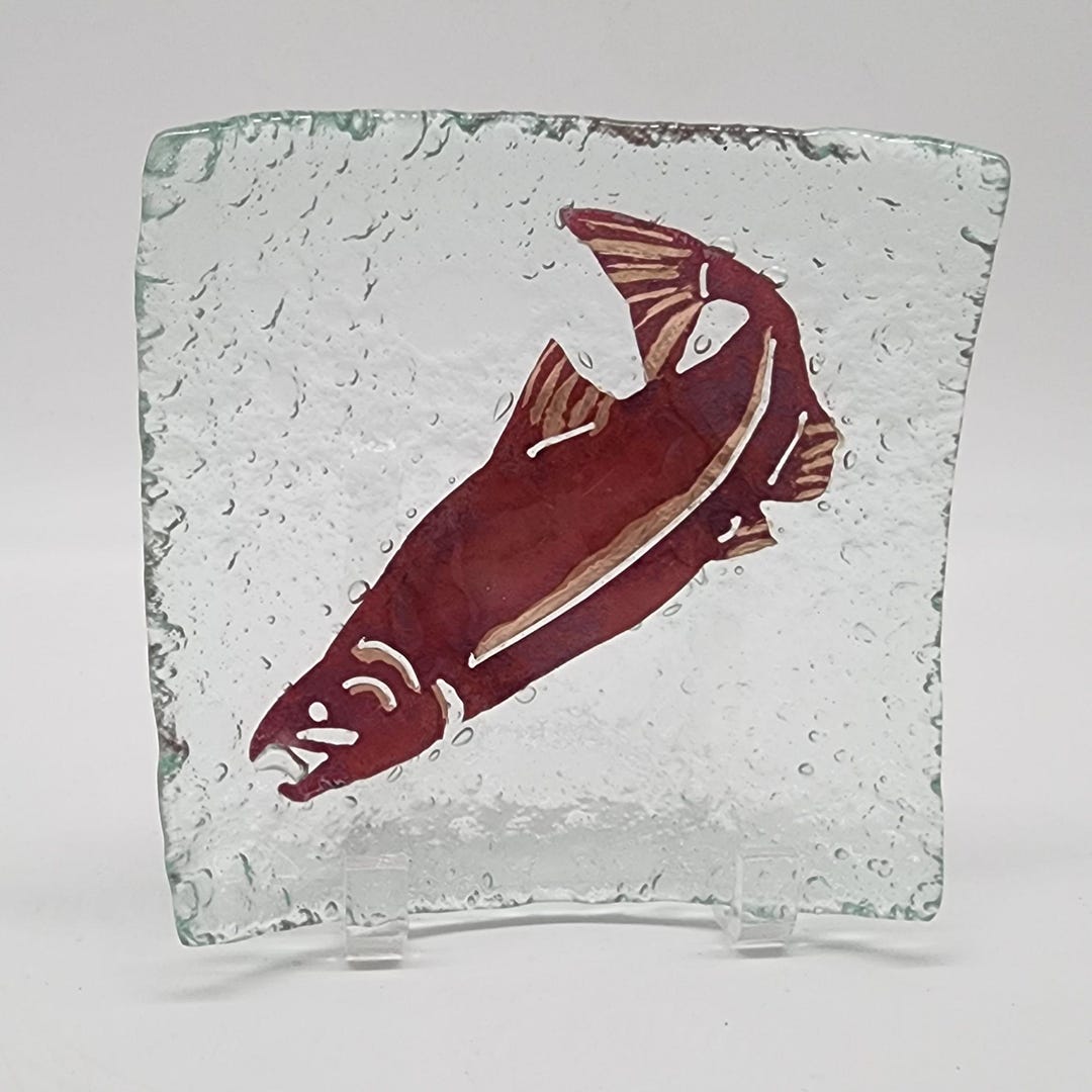 Jones Glassworks Art Glass Bowl Dish Red & Copper Fused Glass Salmon ...