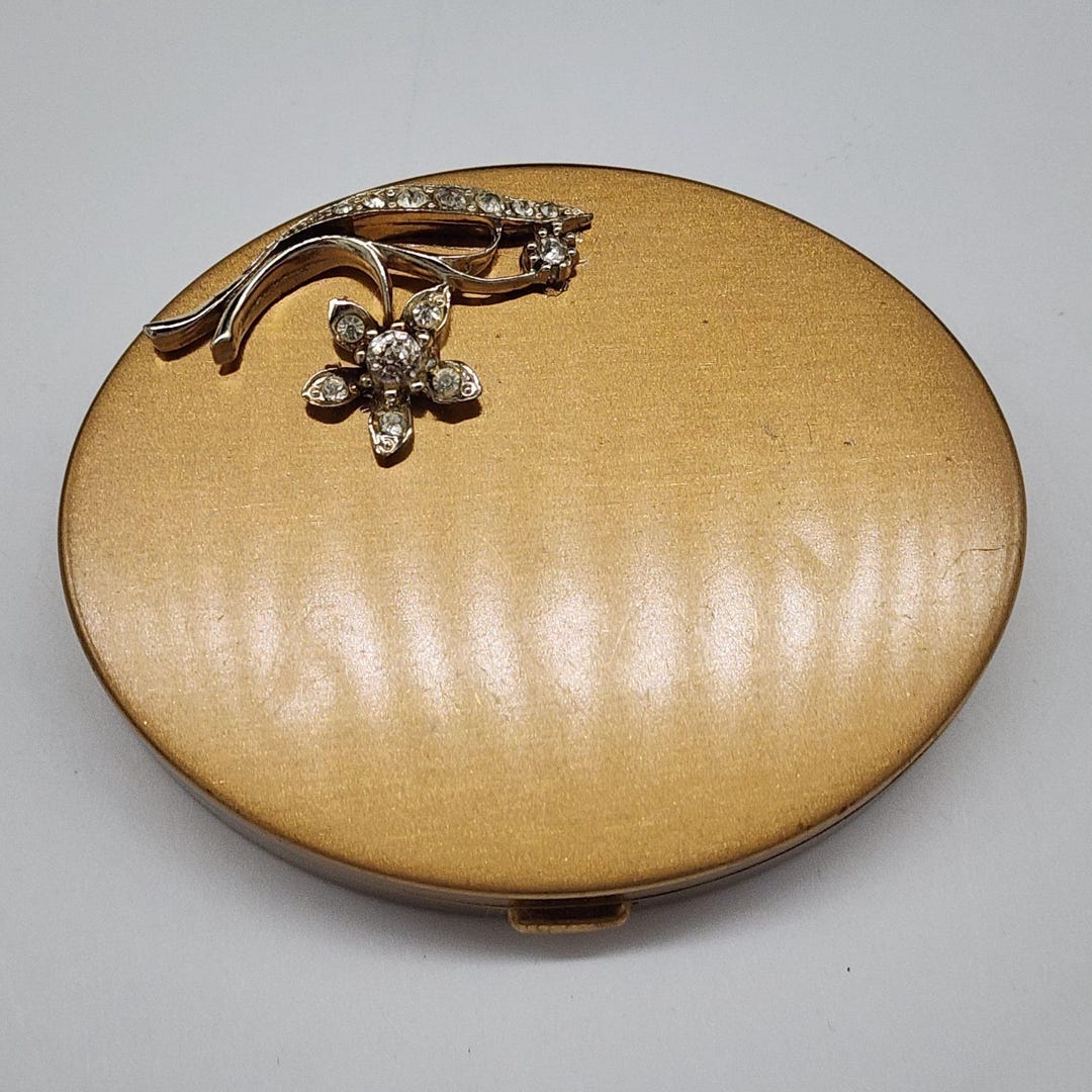 Vintage Gold Tone Floral Jeweled Compact Mirror With Puff Mesh Insert ...