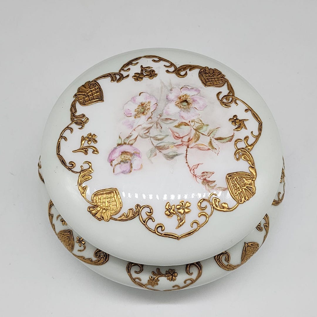 Antique Victorian Porcelain Trinket Box With Gold Gilt & Floral Design ...