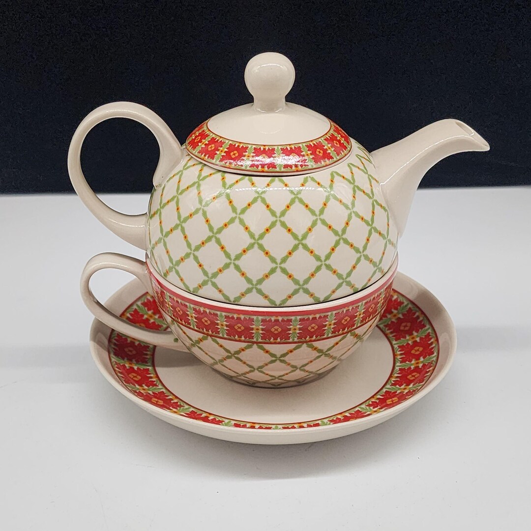 Harry & David Ceramic Teapot Cup Set With Saucer Red Green Design 2005 ...