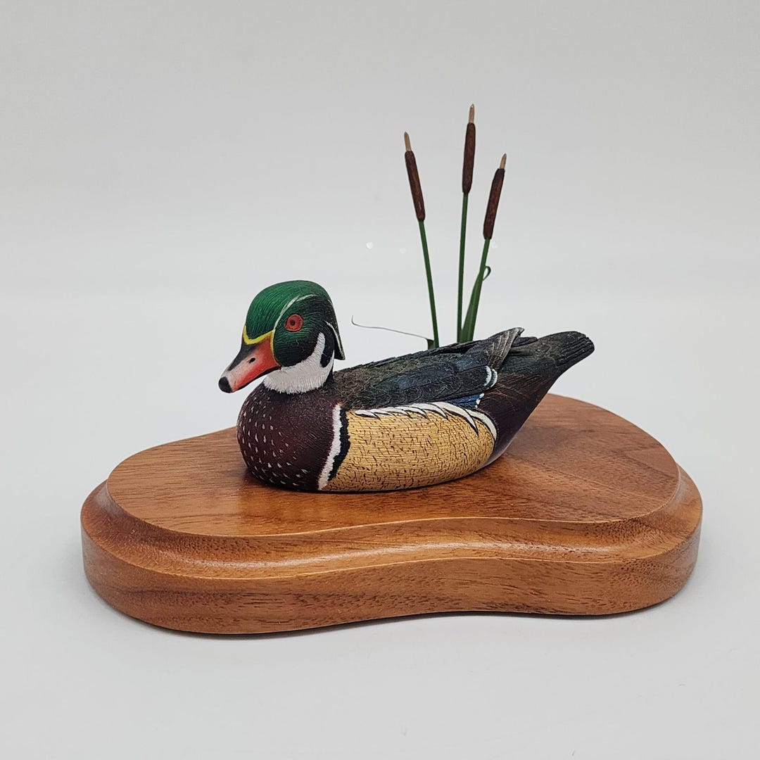 Hand-carved Wood Duck Figurine on Wooden Base With Cattails Signed ...