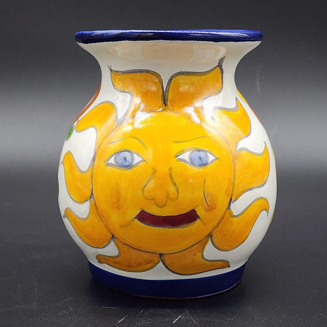 Handcrafted Mexican Sun Face Ceramic Vase With Blue Rim - Etsy