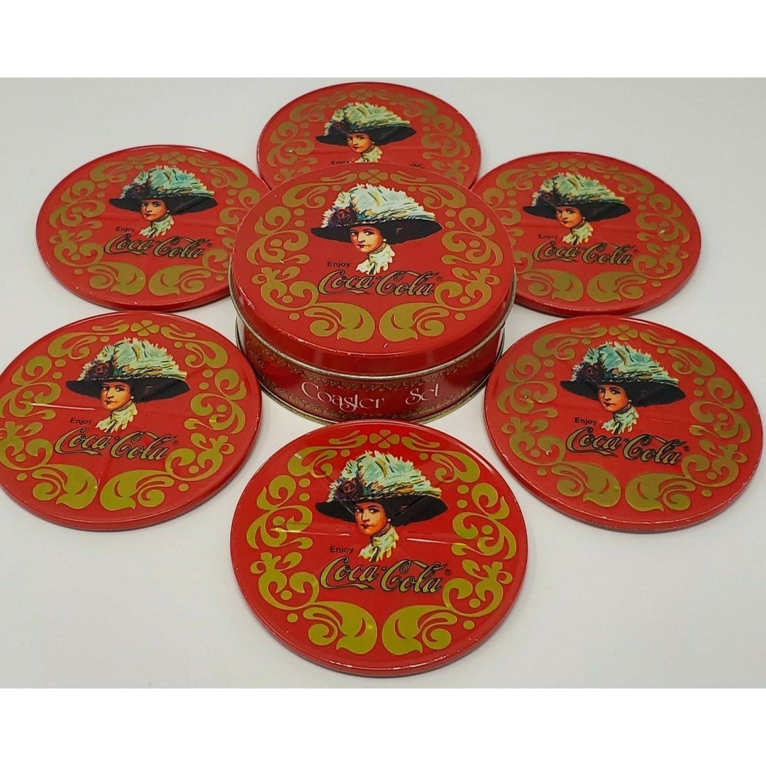 Coca-cola Coasters With Tin Container Cork Back 6 Coaster Vintage 4" - Etsy