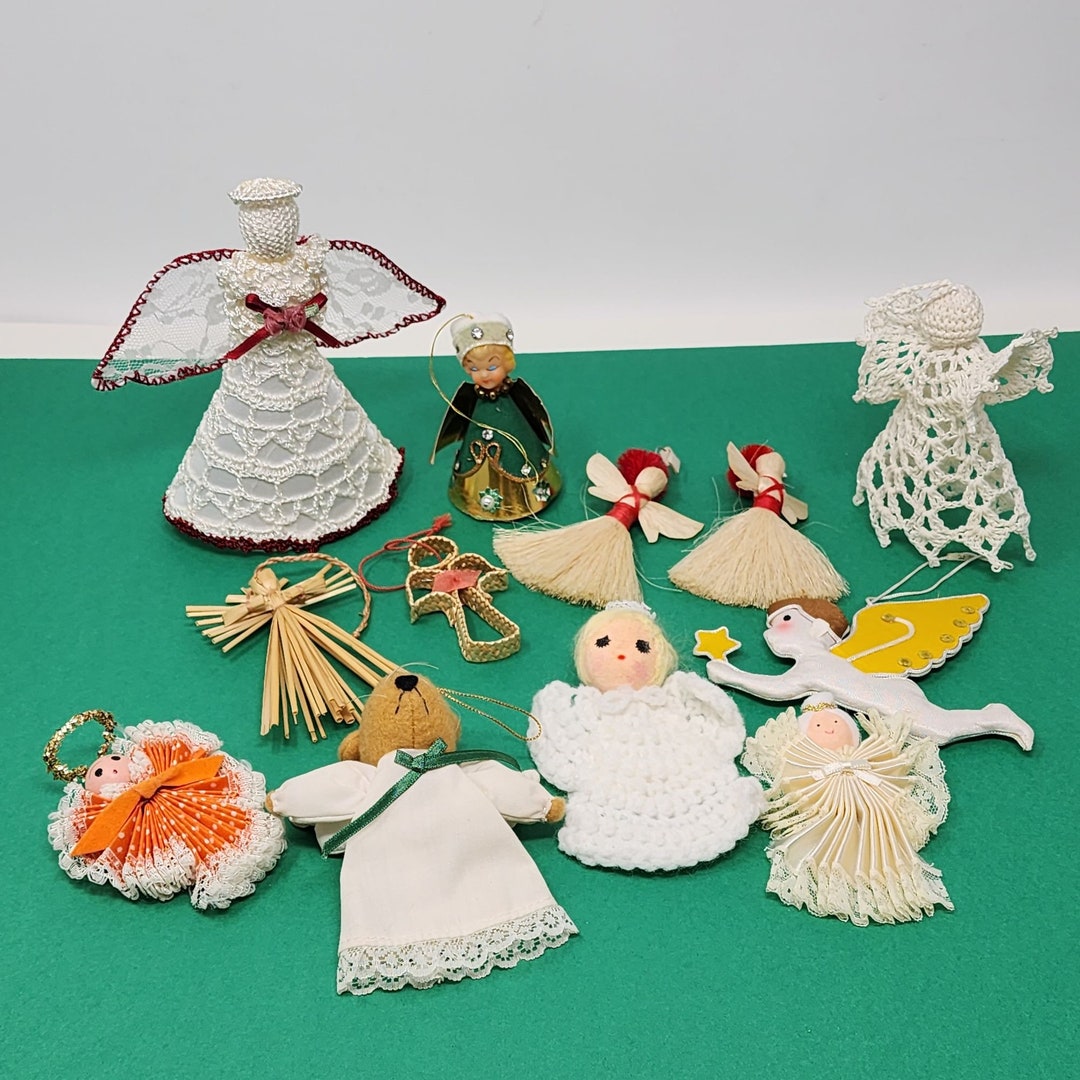 Handmade Angel Ornament Lot of 12 Crochet Satin Ribbon Lace Straw Wood ...