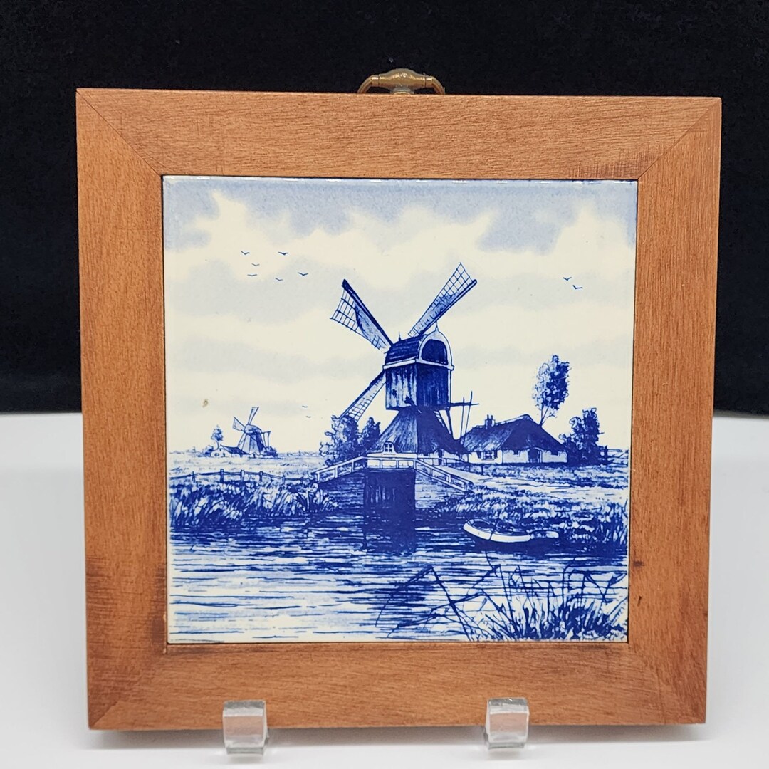 Hand-painted Blue & White Dutch Windmill Tile Wall Art With Wooden ...