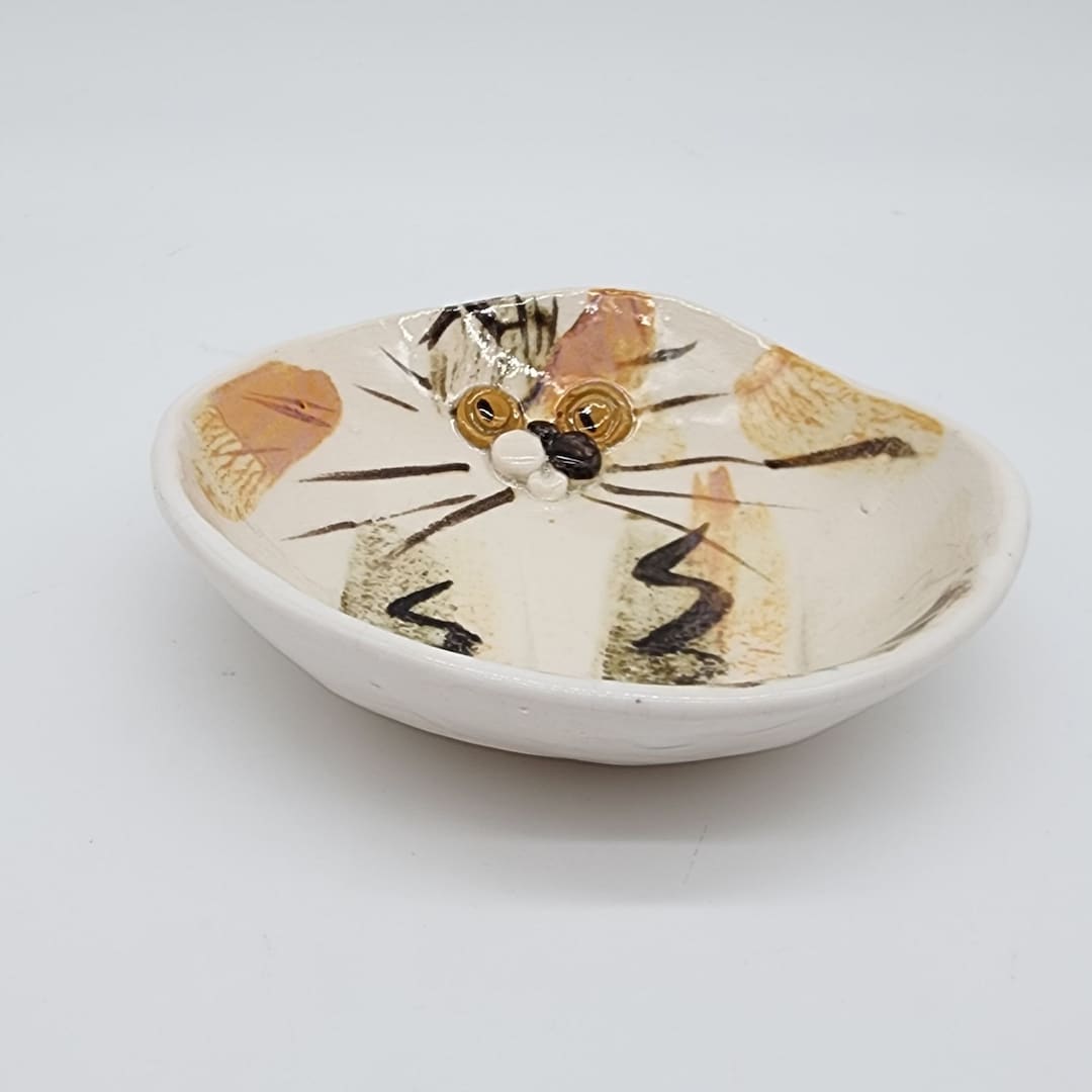 Ceramic Cat Face Dish Bowl Applied Nose and Eyes Organic Shape Signed ...