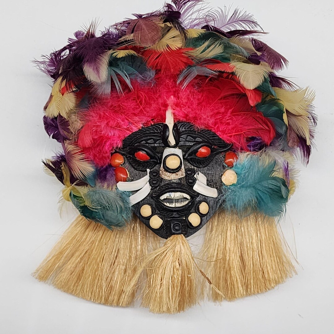Handmade Tribal Brazil Mask With Colorful Feathers & Natural Fiber ...