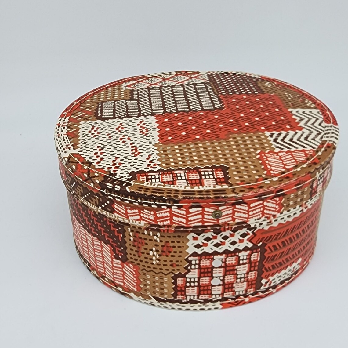 1970s Boho Patchwork Round Vinyl Hat Box Red Brown White VTG by Miner ...