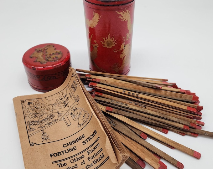 Vintage Chinese Fortune Sticks Set With Red & Gold Dragon Themed ...