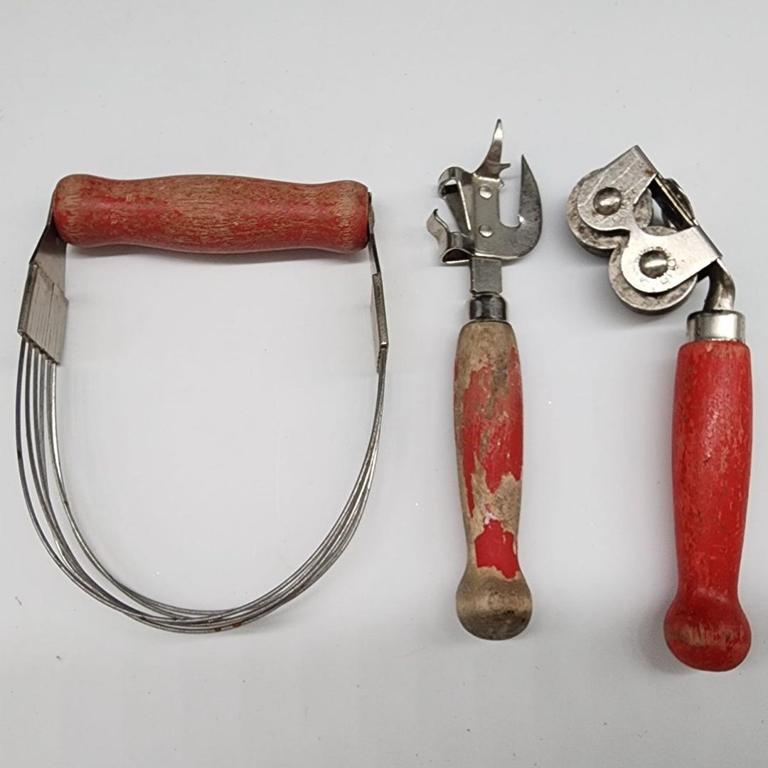 Vintage Androck Kitchen Utensils Set With Red Wooden Handles Opener ...