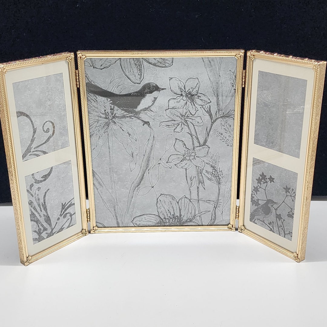 Tri-fold Picture Frame 4 Hinges Gold Tone Embossed Flowers VTG 8.25x10 ...