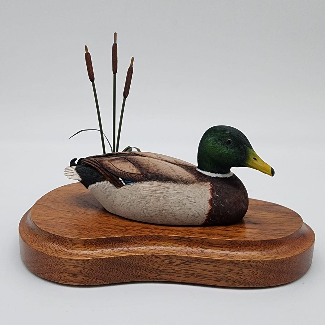 Hand-carved Wood Duck Figurine on Wooden Base With Cattails Signed ...