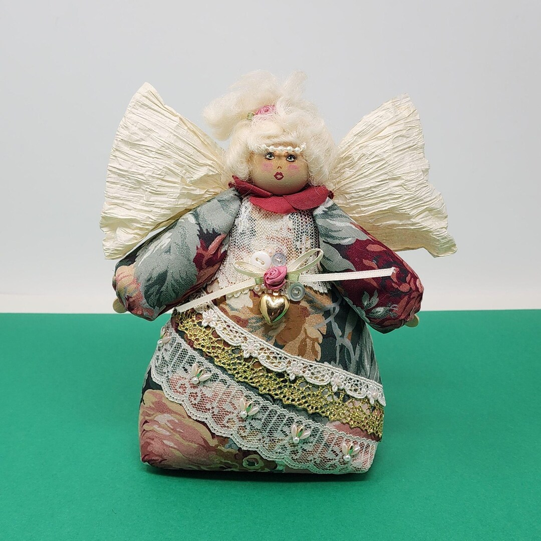 Handmade Angel Figure Weighted Figure Lace Beaded Floral Fabric Crepe ...