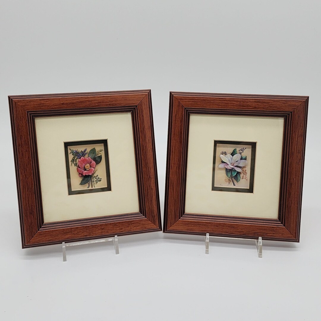 Hand Crafted Framed Diorama Paper Tole Flowers Wooden Frames Purple ...