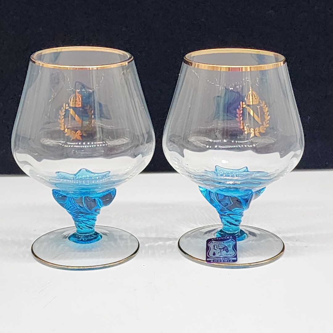 Vcelnicka Bohemia Brandy Cognac Snifter Handblown Blue Glass Gilded ...