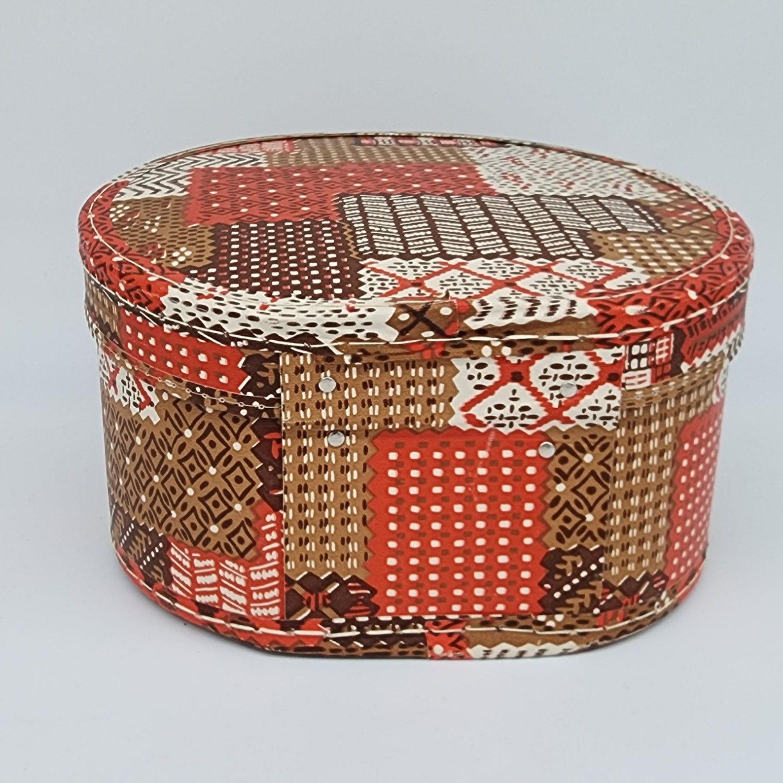 1970s Boho Patchwork Round Vinyl Hat Box Red Brown White VTG by Miner ...