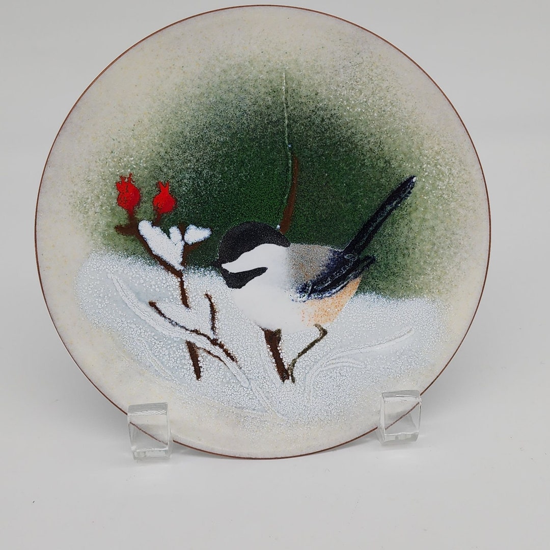 Norman Brumm Enamel on Copper Plate Chickadee and Flower 6 VTG - Etsy